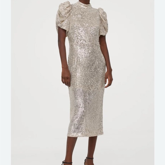H&M | Dresses | Hm Silver Sequin Midi Dress Short Puff Sleeves Mock ...